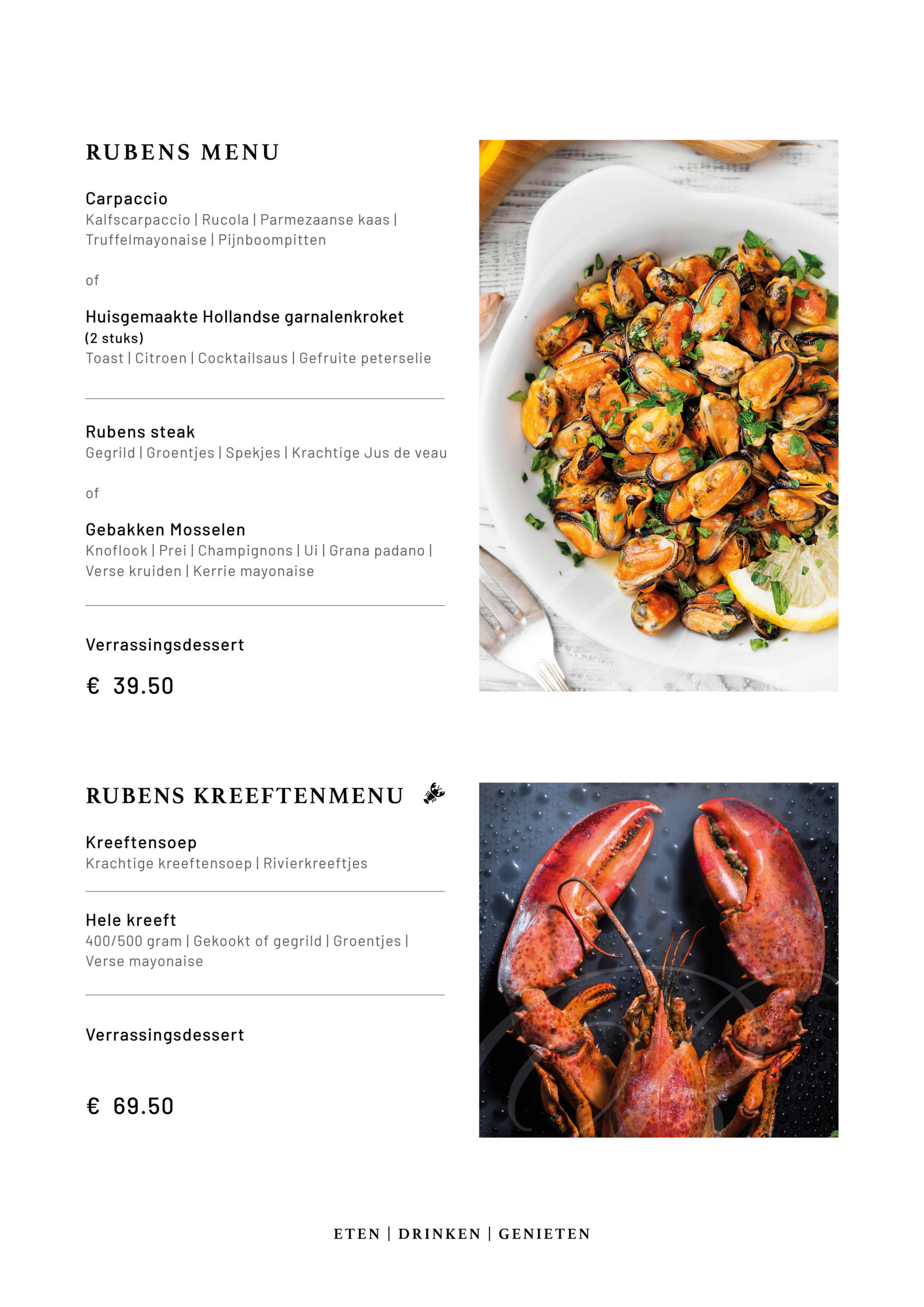 Rubens menu - Restaurant Kamperland met uitzicht over het Veerse Meer